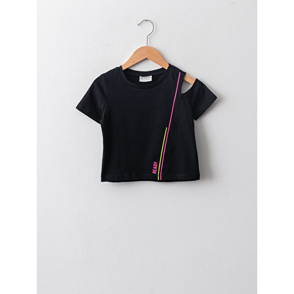 Bisiklet Yaka Baskılı Omuz Detaylı Kısa Kollu Pamuklu Kız Çocuk Tişört