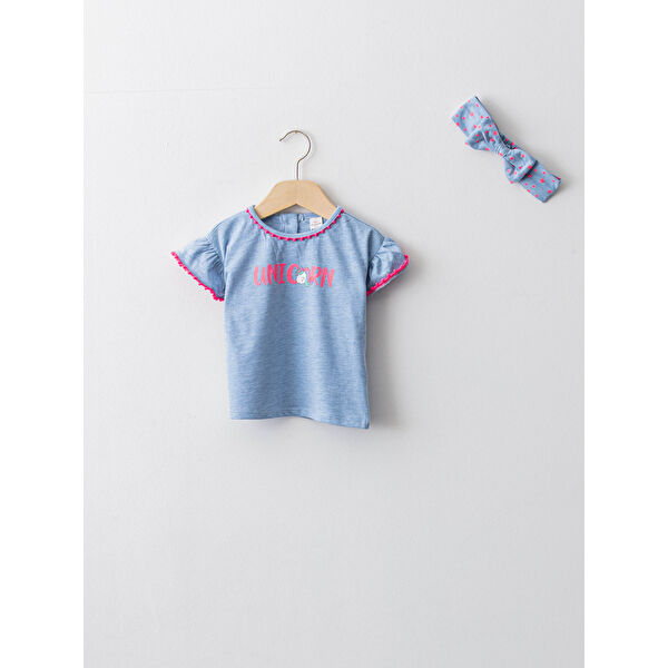 Bisiklet Yaka Kısa Kollu Baskılı Kız Bebek Tişört ve Saç Bandı 2'li Takım