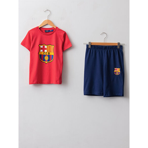 Bisiklet Yaka Barcelona Baskılı Kısa Kollu Erkek Çocuk Şortlu Pijama Takımı