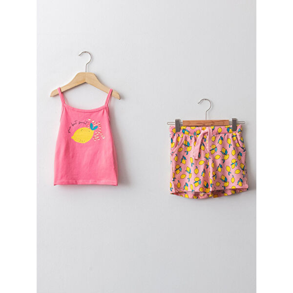 Kare Yaka Baskılı Askılı Pamuklu Kız Çocuk Atlet ve Şort