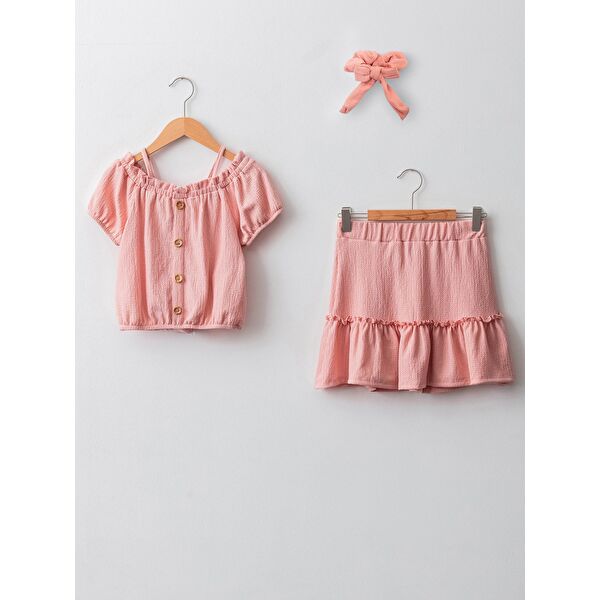 Kayık Yaka Basic Kısa Kollu Kız Çocuk Bluz Etek ve Toka