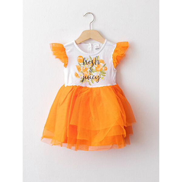 Bisiklet Yaka Baskılı Tül Etekli Kız Bebek Elbise Bisiklet Yaka Baskılı Tül Etekli Kız Bebek Elbise