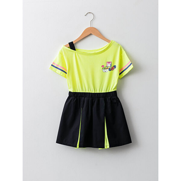 Baskılı Omuz Detaylı Kısa Kollu Kız Çocuk Elbise