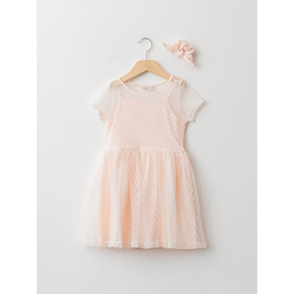 Bisiklet Yaka Kısa Kollu Kız Çocuk Tül Elbise ve Toka