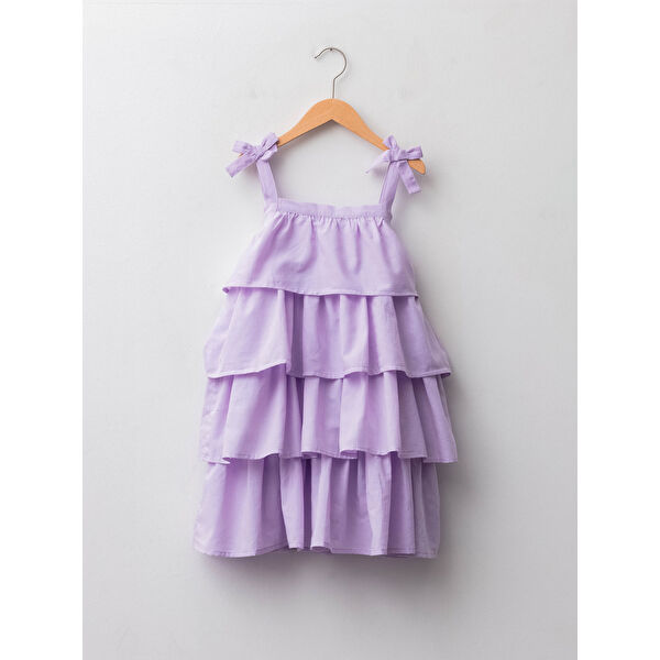 Kare Yaka Fırfır Detaylı Askılı Poplin Kız Çocuk Elbise