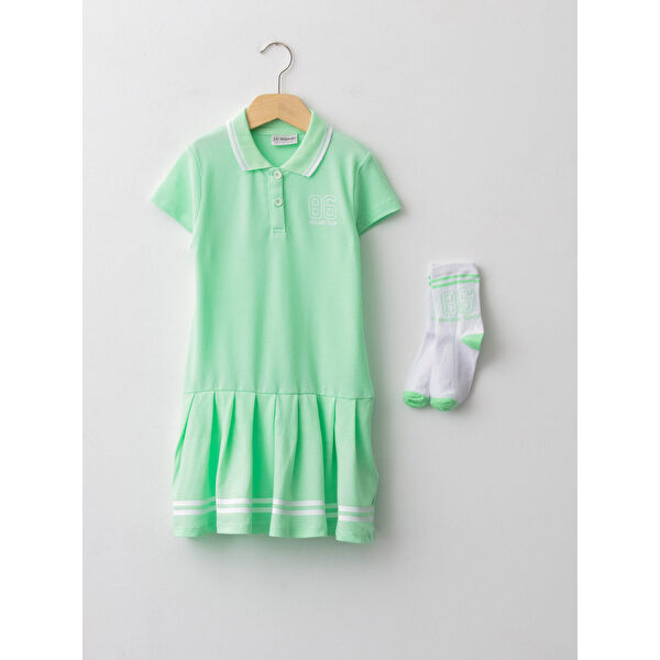 Polo Yaka Kısa Kollu Baskılı Kız Bebek Elbise ve Soket Çorap 2'li Takım Polo Yaka Kısa Kollu Baskılı Kız Bebek Elbise ve Soket Çorap 2'li Takım