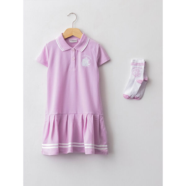 Polo Yaka Kısa Kollu Baskılı Kız Bebek Elbise ve Soket Çorap 2'li Takım Polo Yaka Kısa Kollu Baskılı Kız Bebek Elbise ve Soket Çorap 2'li Takım