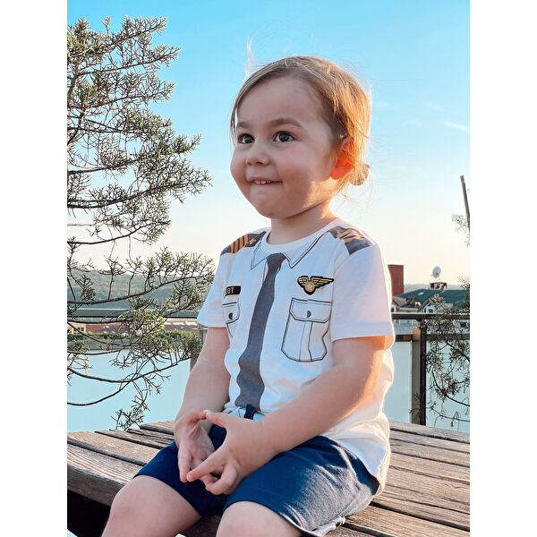 Bisiklet Yaka Kısa Kollu Baskılı Erkek Bebek Pilot Kostüm Bisiklet Yaka Kısa Kollu Baskılı Erkek Bebek Pilot Kostüm