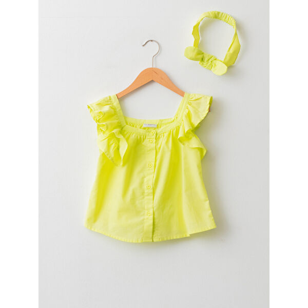 Kare Yaka Basic Kısa Kollu Poplin Kız Çocuk Bluz ve Saç Bandı