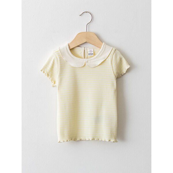 Bebe Yaka Kısa Kollu Çizgili Kız Bebek Tişört