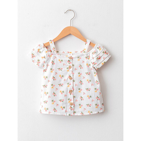 Kare Yaka Omuzları Açık Baskılı Kız Bebek Bluz