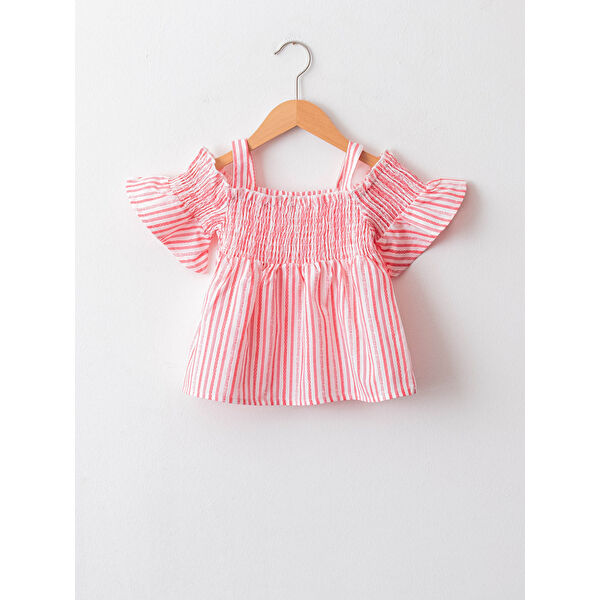 Kare Yaka Omuzları Açık Çizgili Kız Bebek Bluz