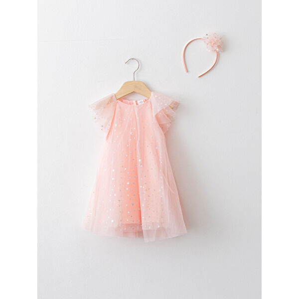 Bisiklet Yaka Kısa Kollu Desenli Tül Detaylı Kız Bebek Elbise ve Taç 2'li Takım