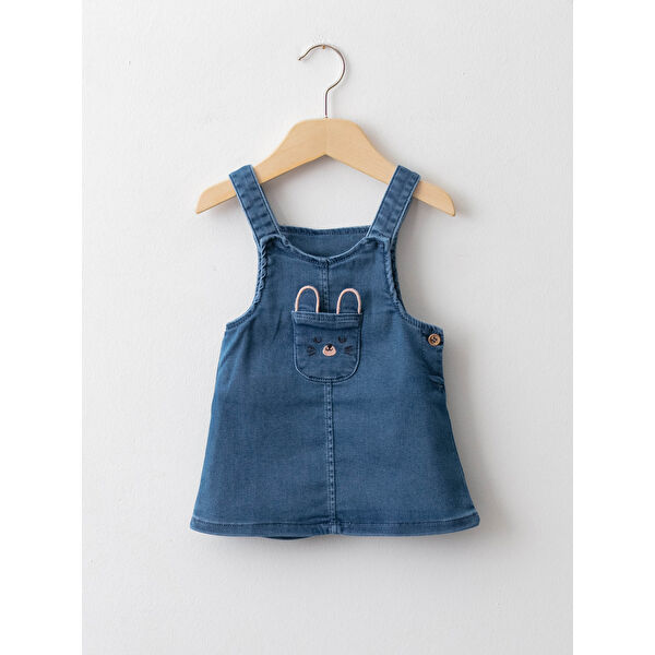 Kare Yaka Askılı Nakışlı Kız Bebek Jean Elbise