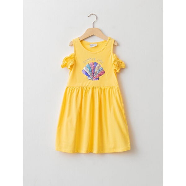 Bisiklet Yaka Baskılı Pul İşlemeli Pamuklu Kız Çocuk Elbise