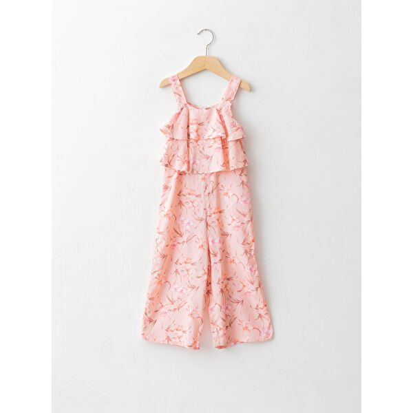 Kare Yaka Desenli Askılı Viskon Kız Çocuk Tulum