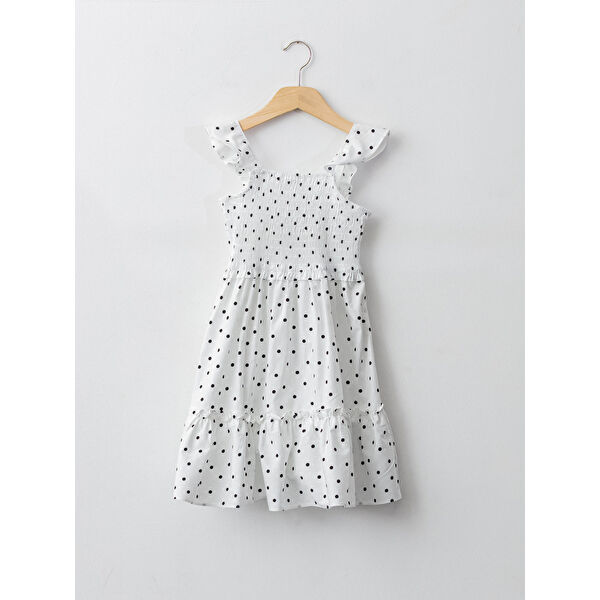 Kare Yaka Puantiyeli Askılı Poplin Kız Çocuk Elbise