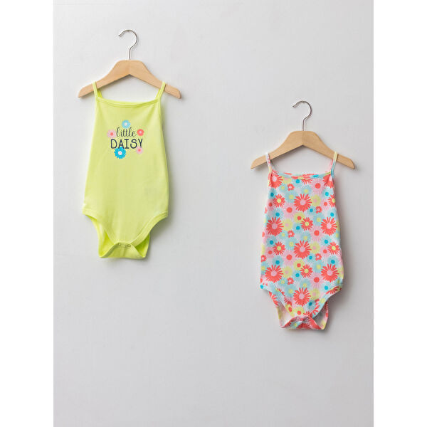 Kare Yaka Askılı Baskılı Kız Bebek Çıtçıtı Body 2'li