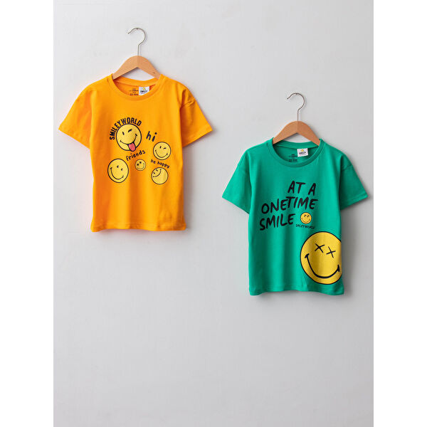 Bisiklet Yaka Kısa Kollu Smiley Baskılı Erkek Bebek Tişört 2'li