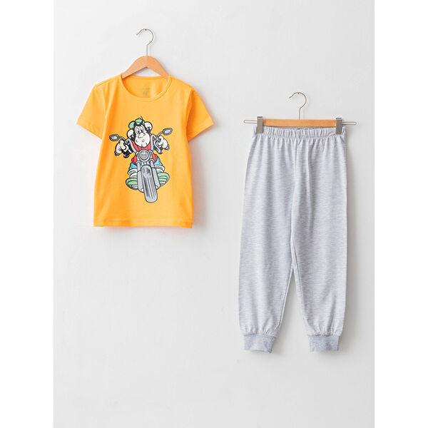 Bisiklet Yaka Nostaljik Maymun Baskılı Kısa Kollu Çocuk Pijama Takımı