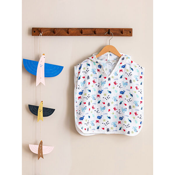 Kapüşonlu Baskılı Pamuklu Erkek Bebek Plaj Havlusu Kapüşonlu Baskılı Pamuklu Erkek Bebek Plaj Havlusu