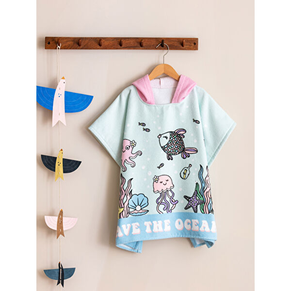 Baskılı Kapüşonlu Kız Çocuk Kadife Plaj Havlusu