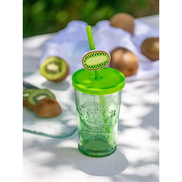 Kivi Baskılı Kapak ve Pipetli Cam Bardak 270 Ml