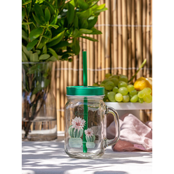 Kaktüs Baskılı Kapak ve Pipetli Cam Bardak 450 Ml