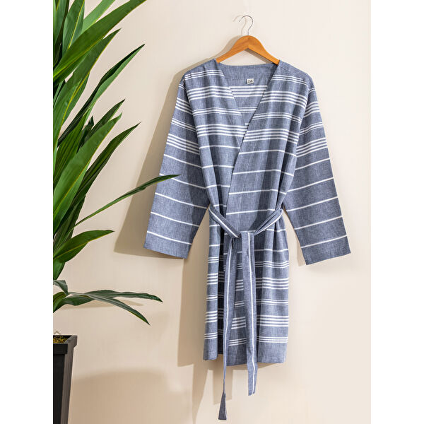 Şal Yaka Uzun Kollu Çizgili Kadın Bornoz