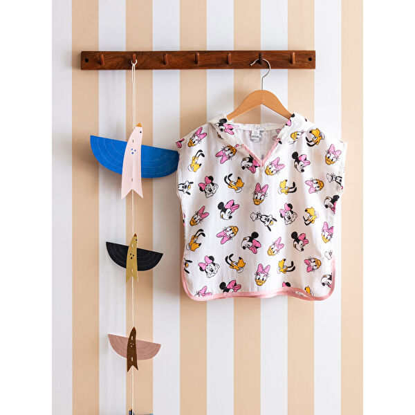 Kapüşonlu Minnie Mouse Baskılı Kız Bebek Müslin Panço Kapüşonlu Minnie Mouse Baskılı Kız Bebek Müslin Panço