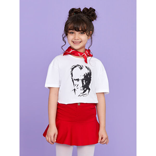 Bisiklet Yaka Atatürk Baskılı Kısa Kollu Kız Çocuk Tişört