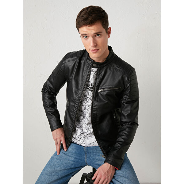 LCW CASUAL Dik Yaka Deri Görünümlü Mont