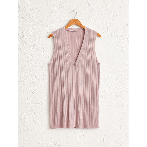 Kendinden Desenli Düğmeli Kadın İnce Triko Yelek