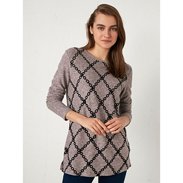 LCW GRACE Bisiklet Yaka Uzun Kollu Kadın Baskılı Esnek Tişört