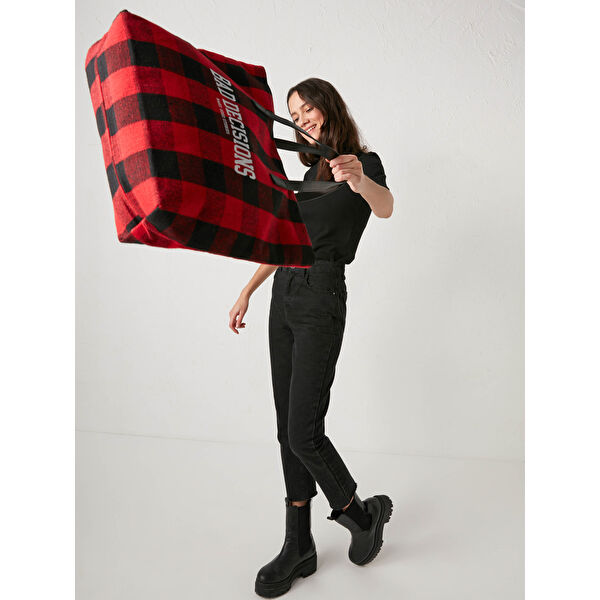 Yazı Baskılı Ekose Kol Çantası