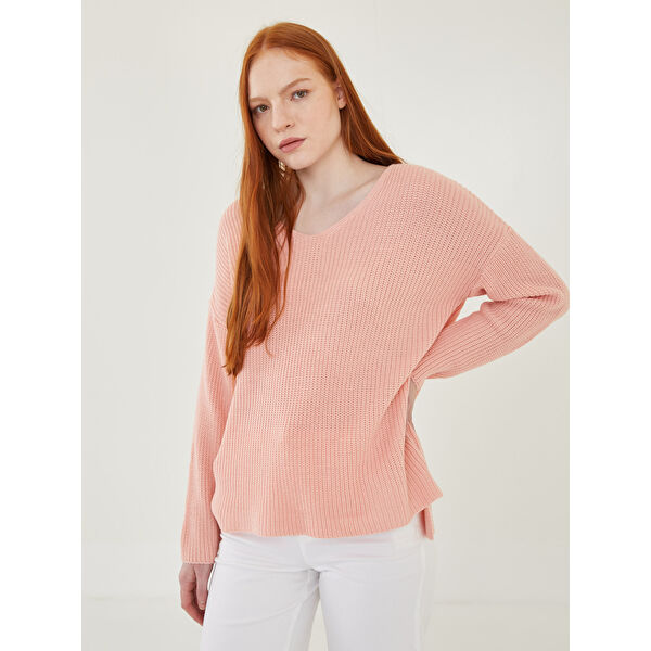 LCW CASUAL V Yaka Düz Uzun Kollu Oversize Kadın Triko Kazak