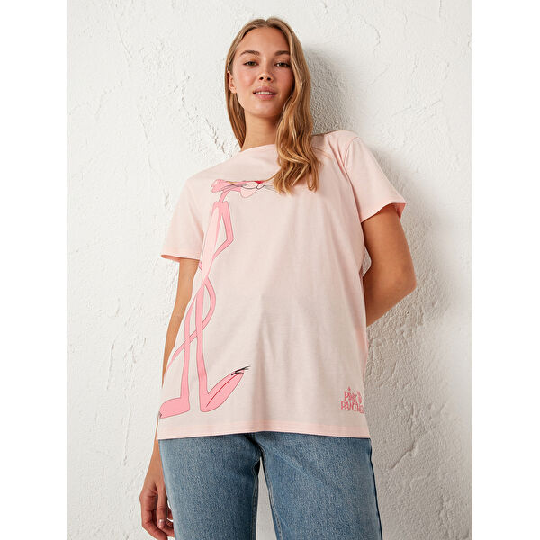 Pembe Panter Baskılı Pamuklu Tişört