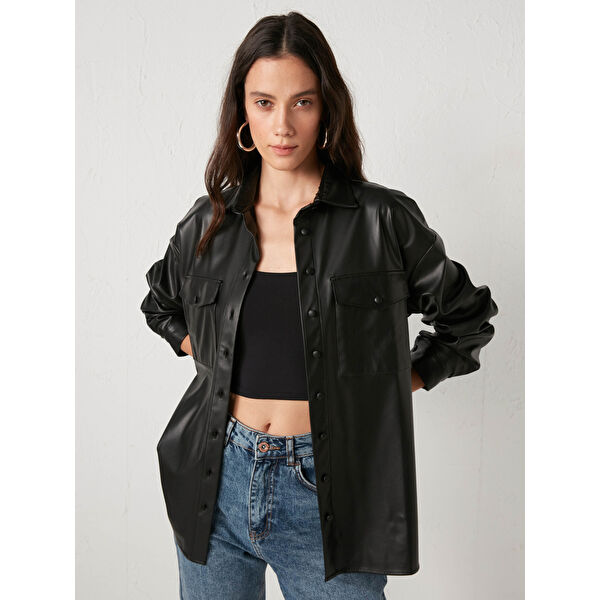 Deri Görünümlü Cep Detaylı Uzun Kollu Kadın Gömlek