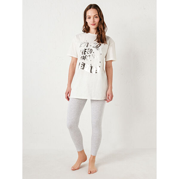 Bisiklet Yaka Parlak Slogan Baskılı Kadın Pijama Takımı