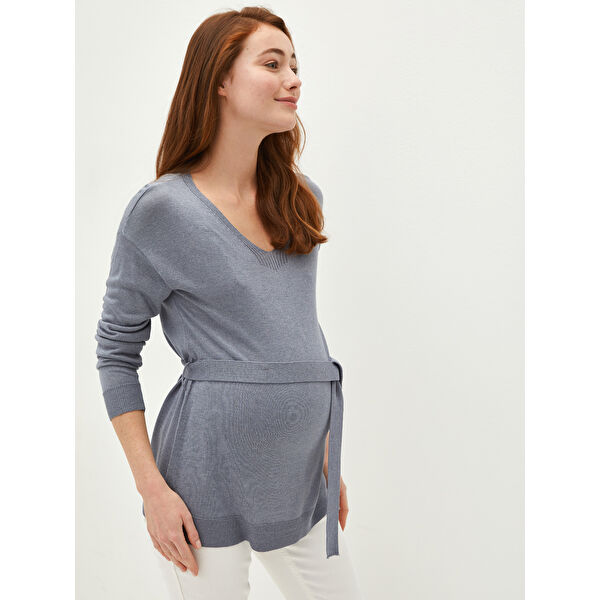 V Yaka Düz Uzun Kollu Hamile Triko Kazak