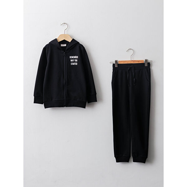 Kapüşonlu Baskılı Uzun Kollu Kız Çocuk Fermuarlı Sweatshirt ve Eşofman Altı