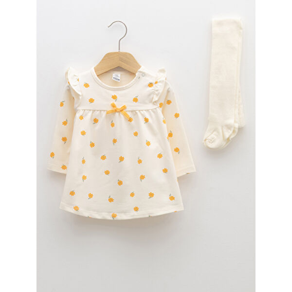Bisiklet Yaka Uzun Kollu Desenli Kız Bebek Elbise ve Külotlu Çorap 2'li Takım