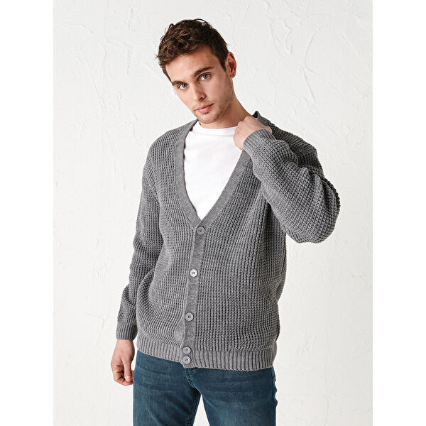 Kruvaze Yaka Uzun Kollu Erkek Triko Hırka