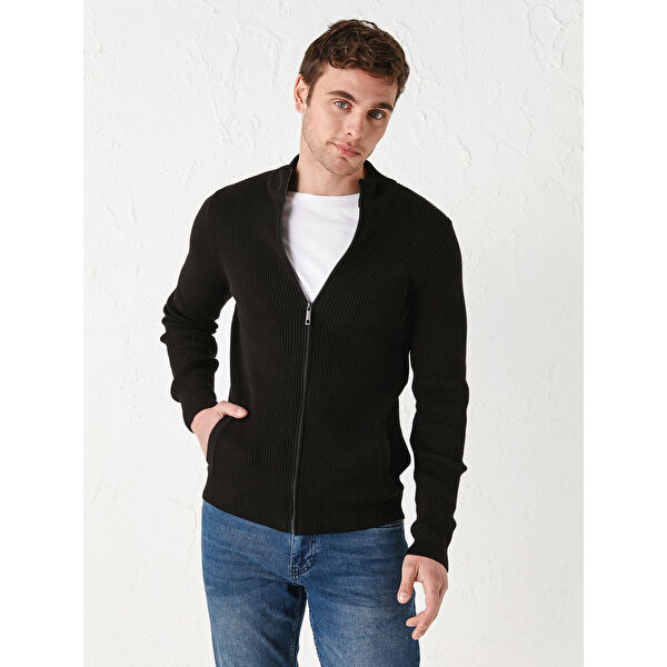 Dar Kalıp Dik Yaka Uzun Kollu Erkek Triko Hırka