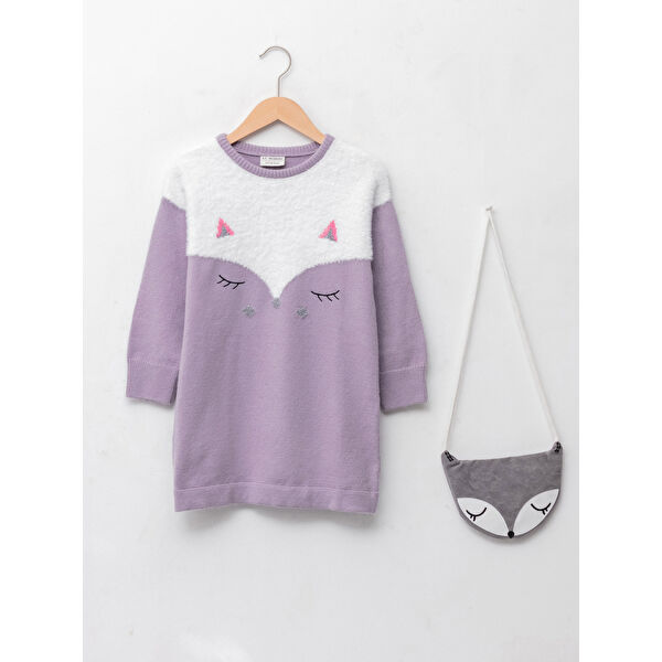 Bisiklet Yaka Desenli  Uzun Kollu Kız Çocuk Triko Elbise ve Çanta