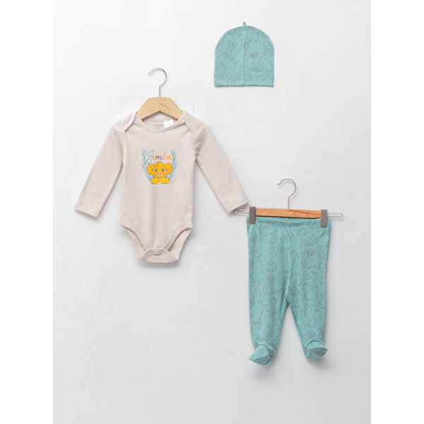 Bisiklet Yaka Uzun Kollu Aslan Kral Baskılı Pamuklu Erkek Bebek Çıtçıtlı Body Pantolon ve Bere 3'lü Takım Bisiklet Yaka Uzun Kollu Aslan Kral Baskılı Pamuklu Erkek Bebek Çıtçıtlı Body Pantolon ve Bere 3'lü Takım