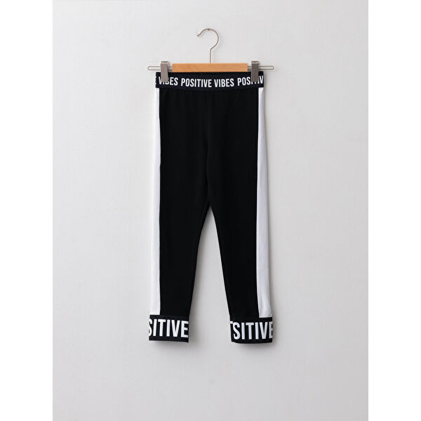 Beli Lastikli Slogan Yazı Baskılı Kız Çocuk Uzun Tayt