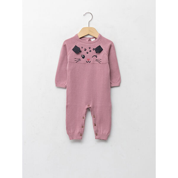 Bisiklet Yaka Uzun Kollu Baskılı Pamuklu Kız Bebek Triko Tulum