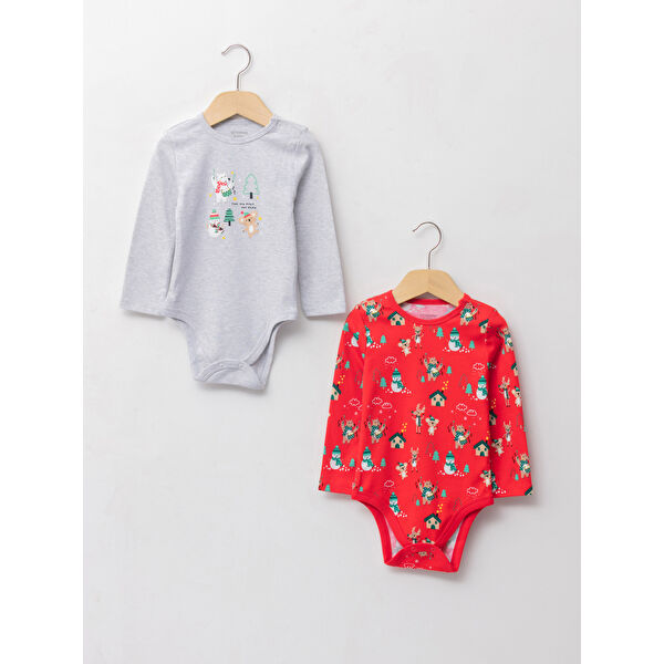Bisiklet Yaka Uzun Kollu Yılbaşı Temalı Erkek Bebek Çıtçıtlı Body 2'li