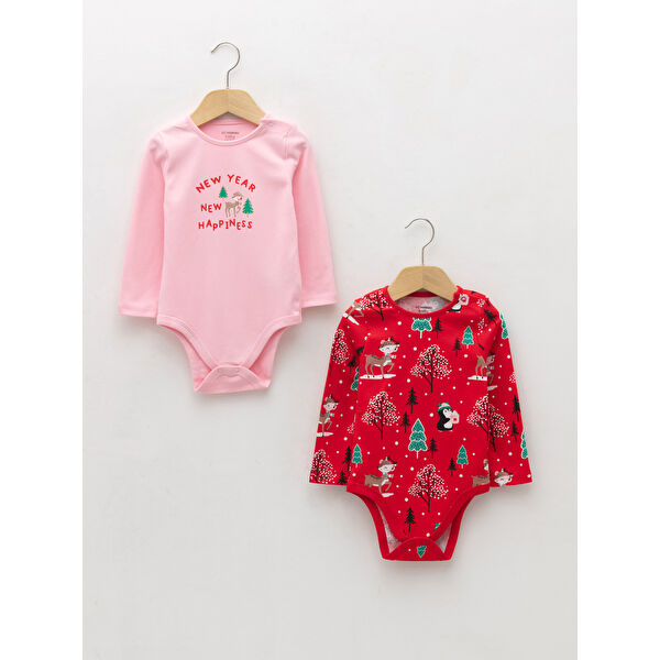 Bisiklet Yaka Uzun Kollu Yılbaşı Temalı Kız Bebek Çıtçıtlı Body 2'li